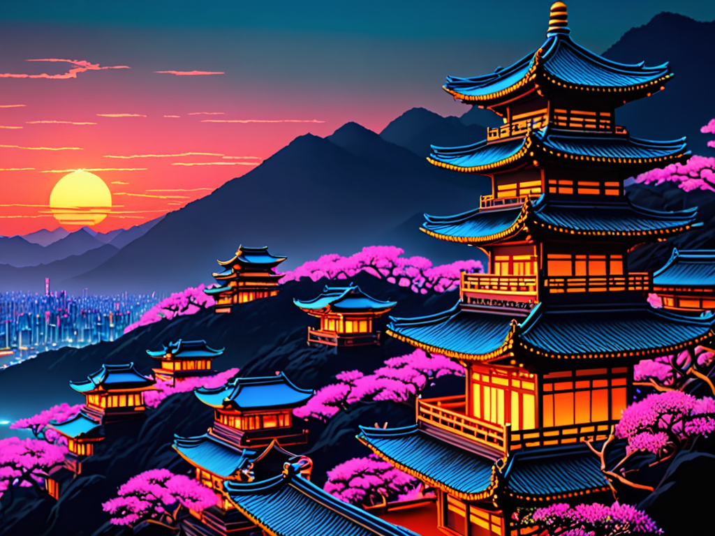 surreal neon asian ninja landscape art