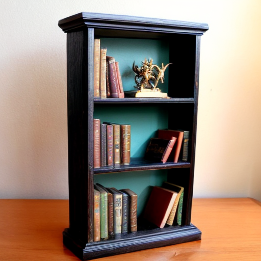 Fantasy Bookshelf with spell books and clay figures of dragons