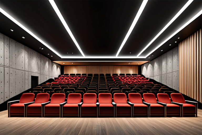 Interior renders of a theater made with concrete walls and wood ...