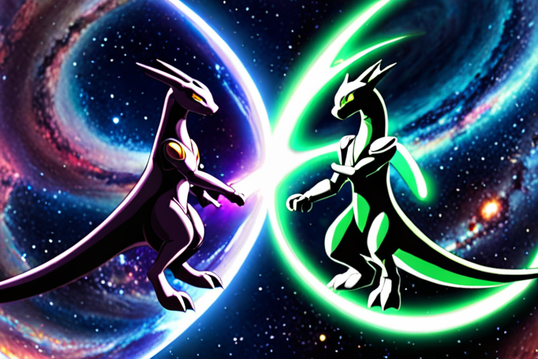 Rayquaza oscuro VS Mewtwo oscuro peleando en la vía lactea