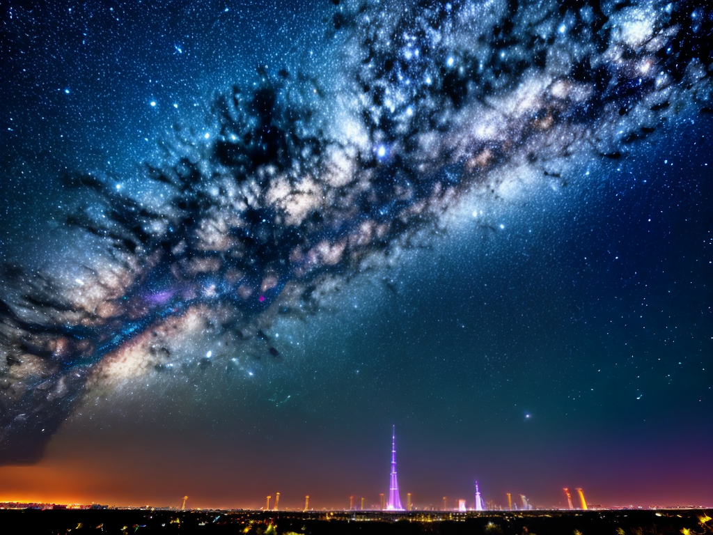 Colorful sky with falling stars wide view with some towers