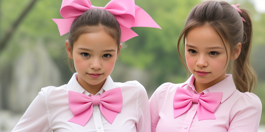 Two Young Girls Wearing Matching Outfits with Big Pink Bows Outdoors