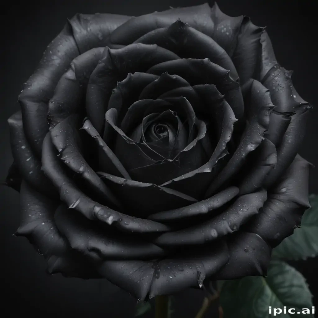 A Striking Black Rose with Dewdrops Against a Dark Background
