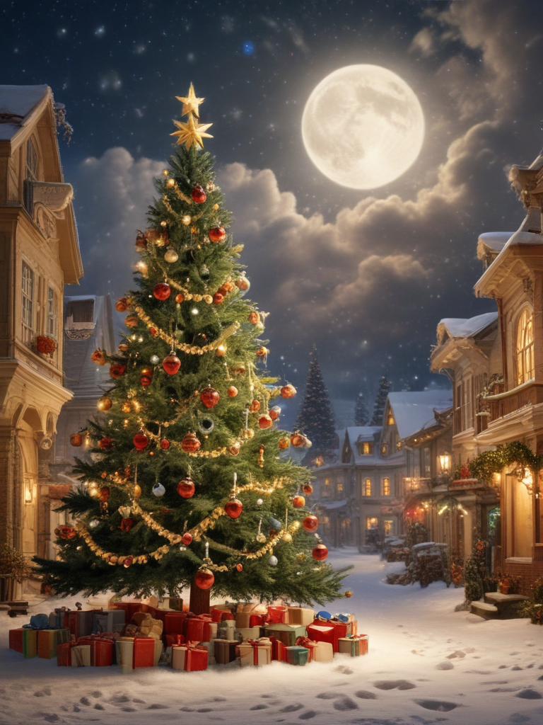 Enchanting Christmas Scene with a Majestic Tree Under a Full Moon
