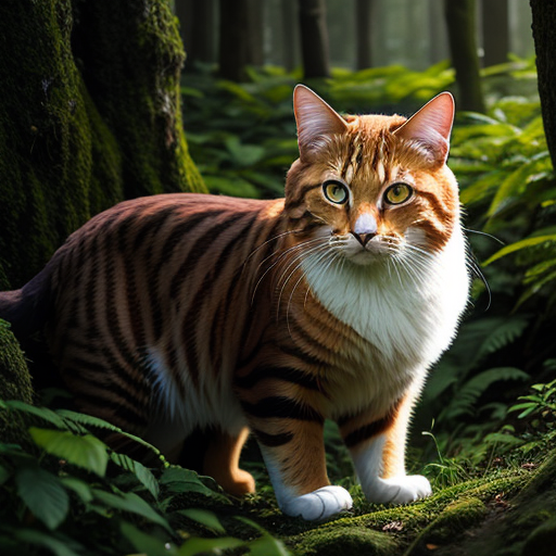 Bright Ginger cat sitting in the forest looking at the moon at night