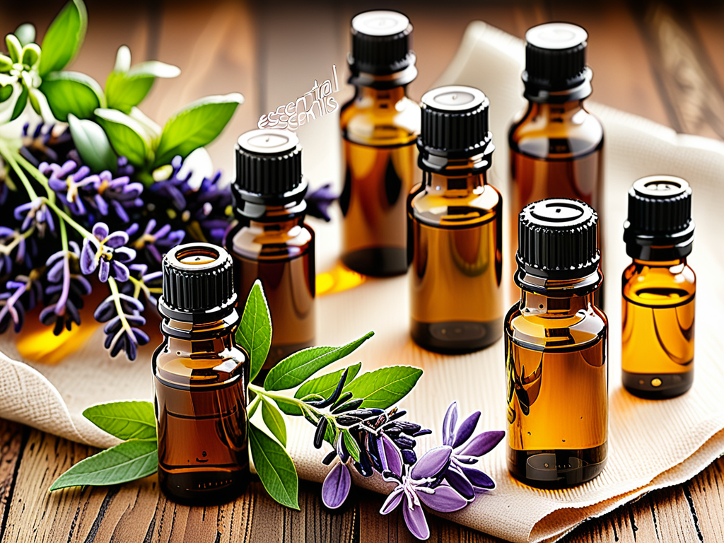 An Elegant Display of Essential Oil Bottles Surrounded by Fresh Herbs