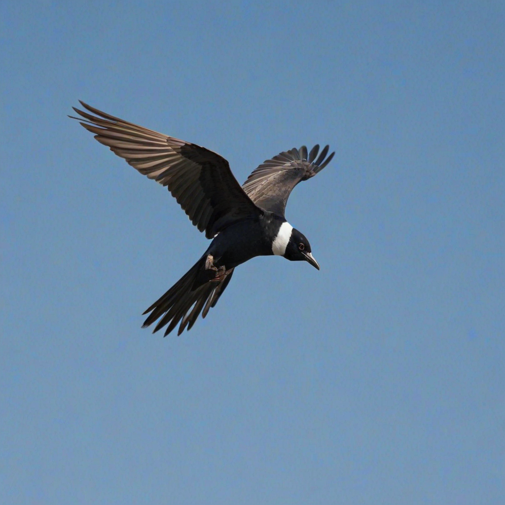 A Majestic Black Bird in Flight Against a Clear Blue Sky.