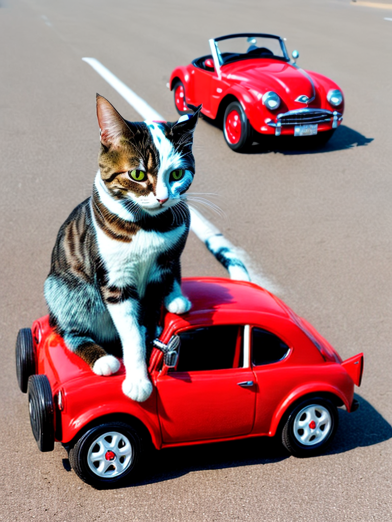 cat driving a red toy car