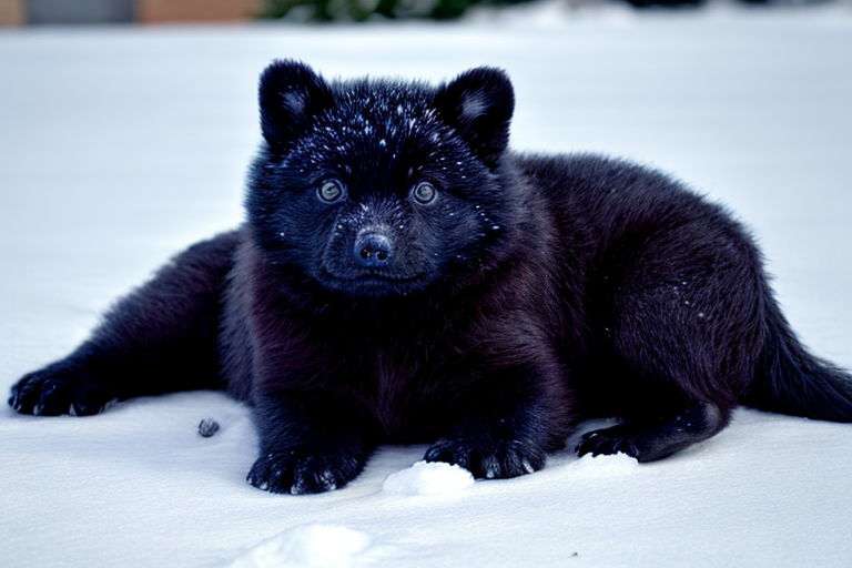 fluffy cute eyes fat monster with teeth in the snow