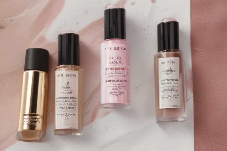 Elegant Display of Four Stylish Makeup Bottles on a Marble Surface