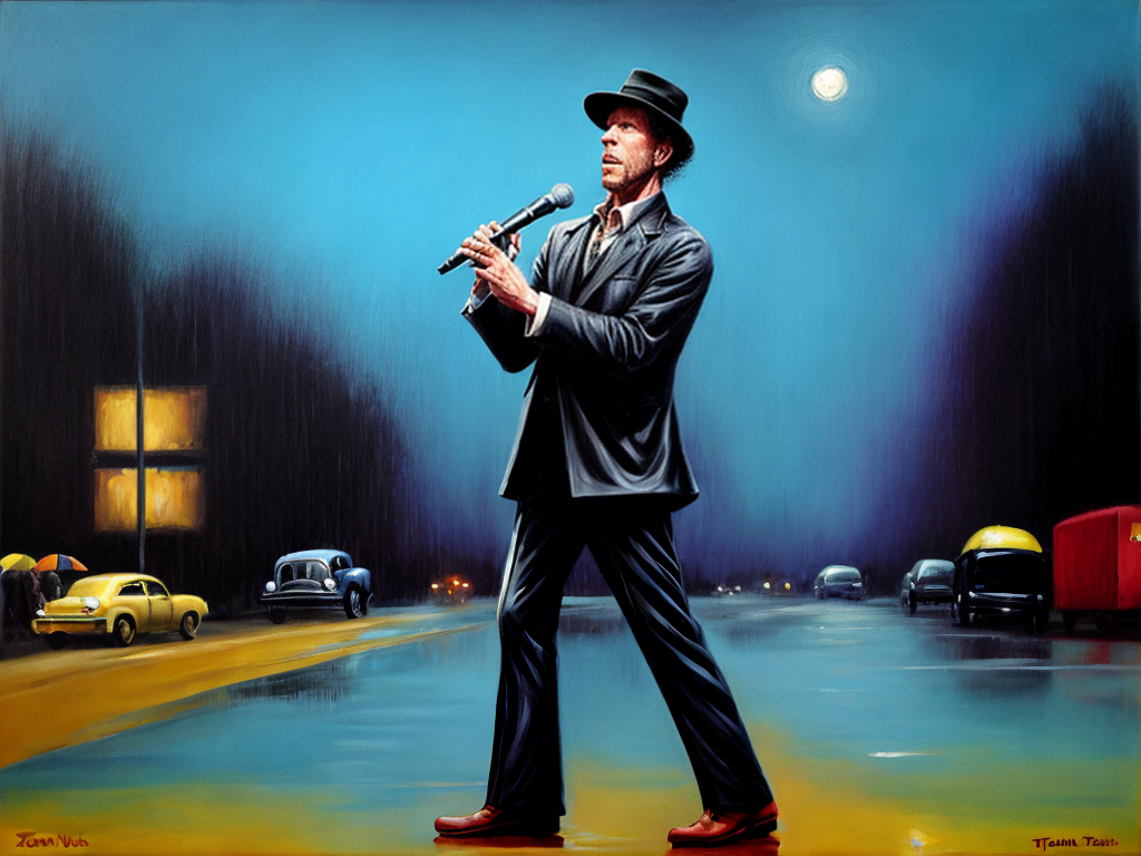 tom waits singing in the rain oil painting