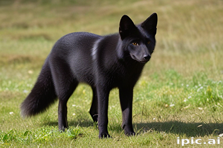 A Majestic Black Fox Gracefully Roaming Through a Lush Green Landscape.