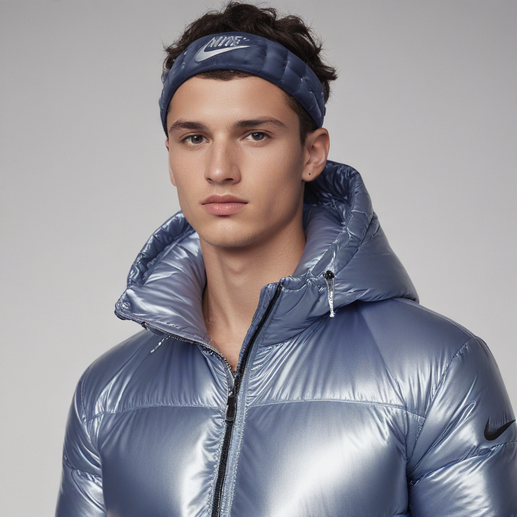 Male supermodel nike shiny puffer jacket bling jewellery hood headband