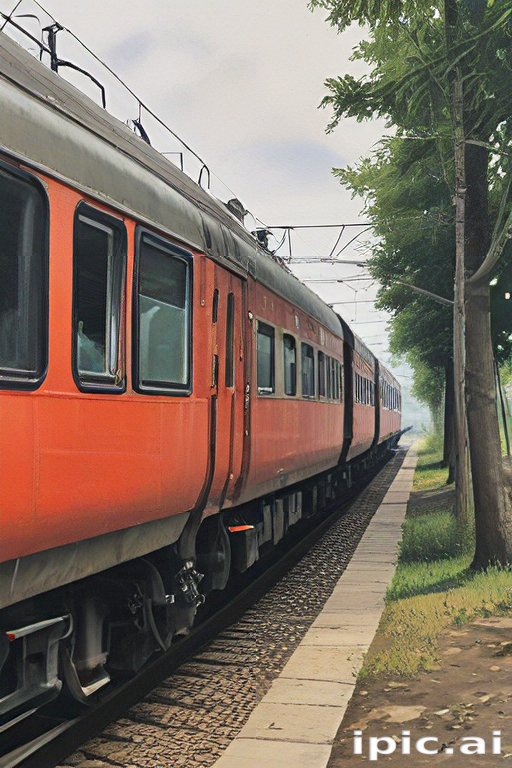 Vibrant Orange Train Cars Alongside Lush Green Trees on a Platform