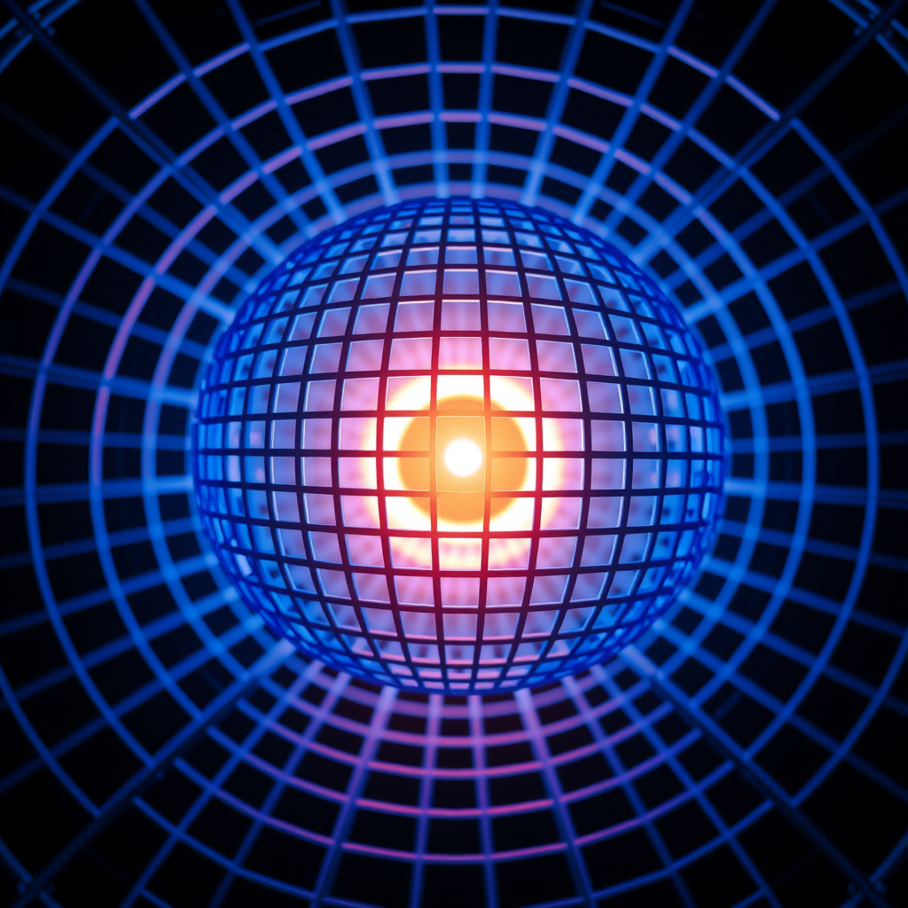 Create a highly detailed 3D render of a blue spherical grid pattern ...