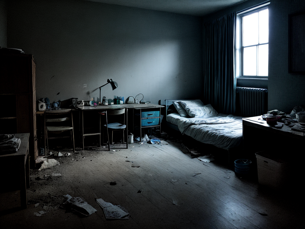 dark room, messy bed, man inside the room, no light