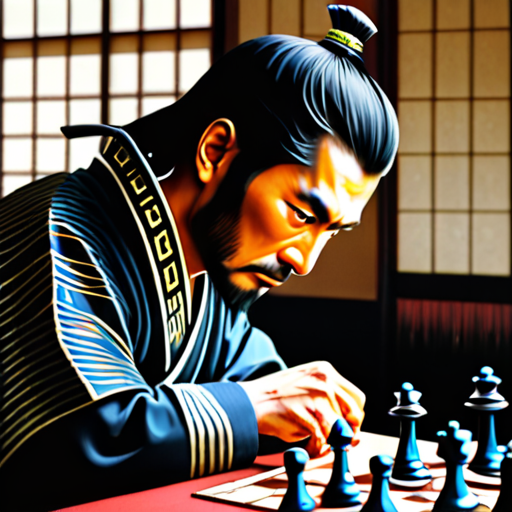 a samurai with hair long up to his eye is plating chess while carrying ...