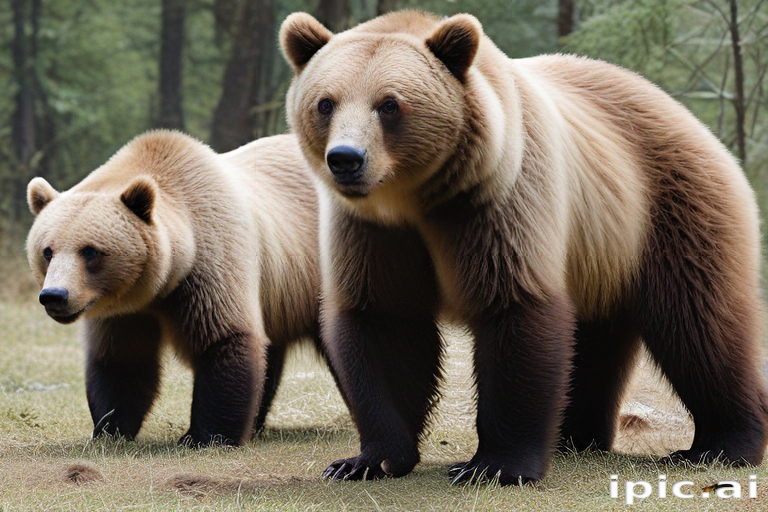 Two Majestic Grizzly Bears Roaming Together in a Serene Forest Setting.