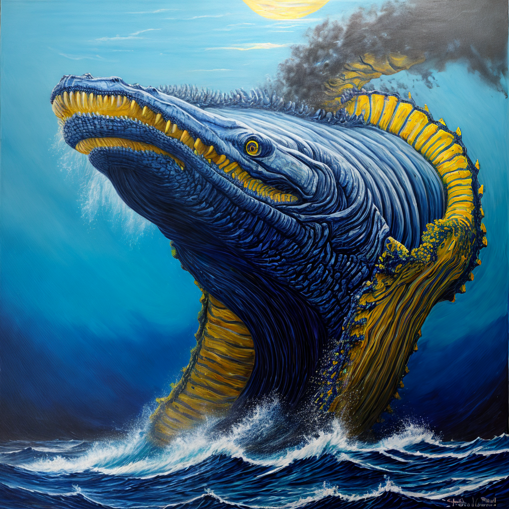 an oil painting portrait of huge blue Leviathan with yellow eyes in the sea