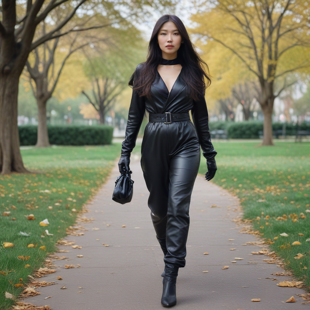 full-body view of a very skinny Chinese woman walking through a park ...