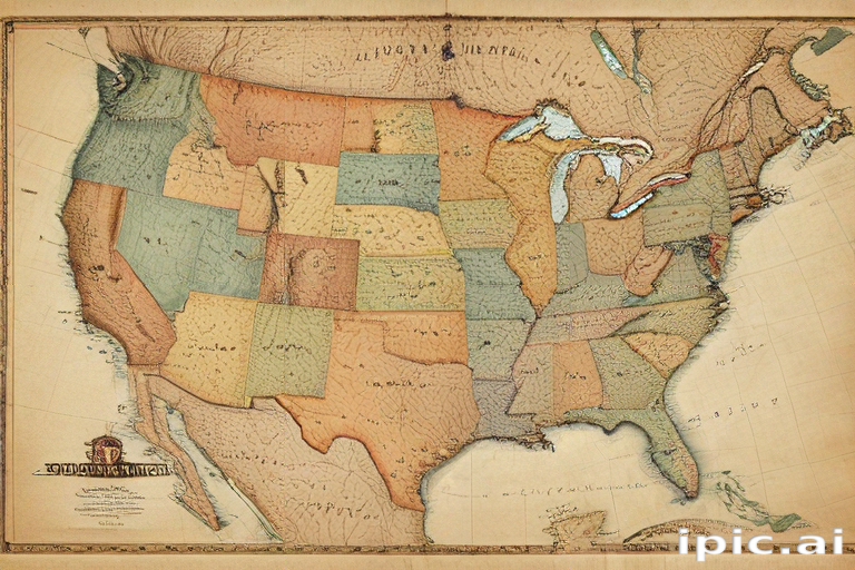 Historical Map of the United States Featuring States and Territories in ...