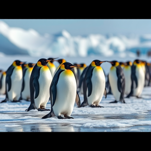 Create a high-resolution image of a group of penguins on an icy ...