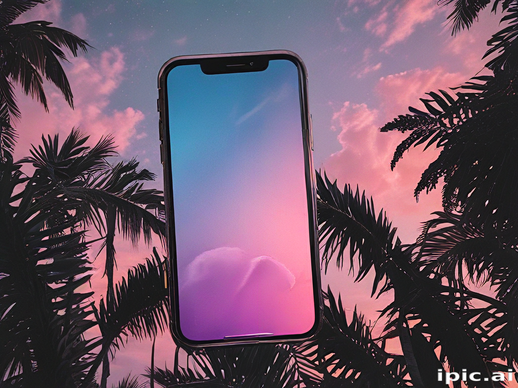 Smartphone Displaying a Beautiful Sunset Amidst Lush Tropical Palm Trees