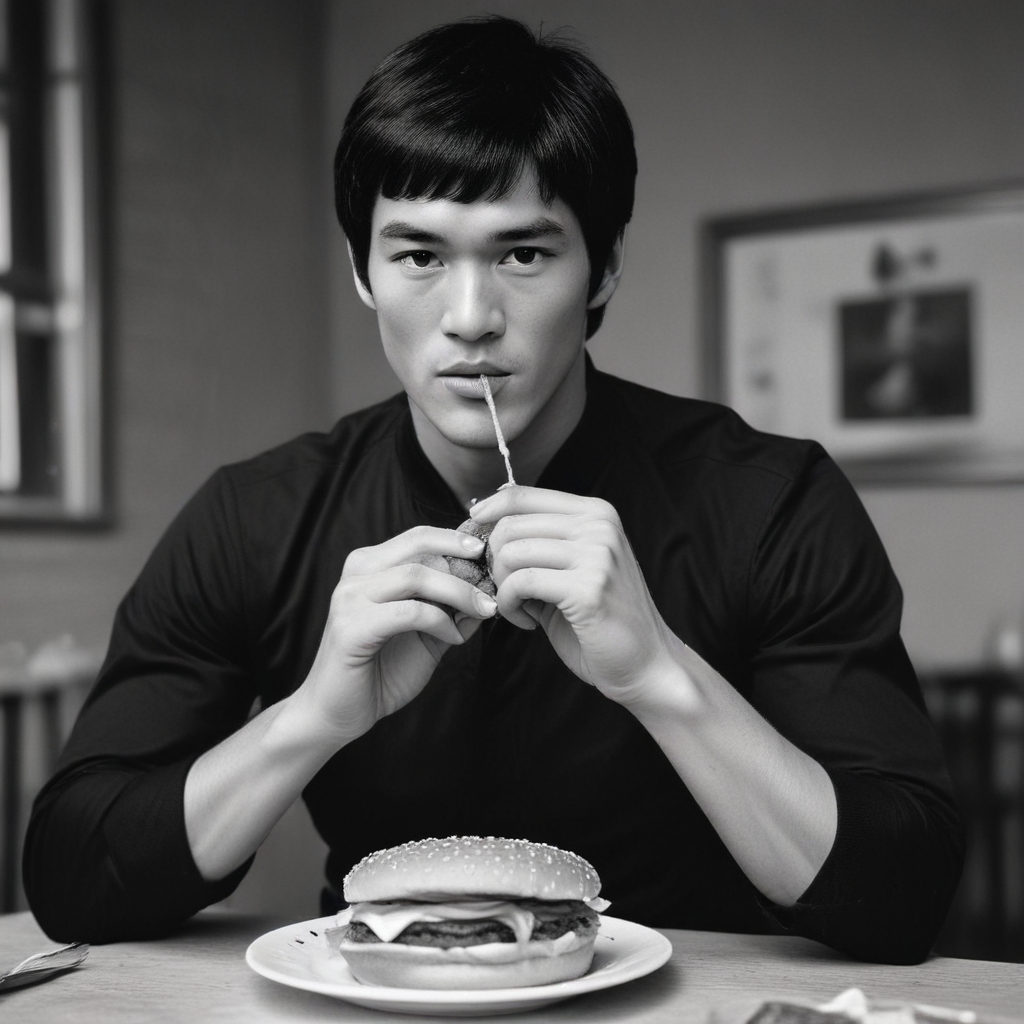 Bruce Lee eating hamburger blak and white