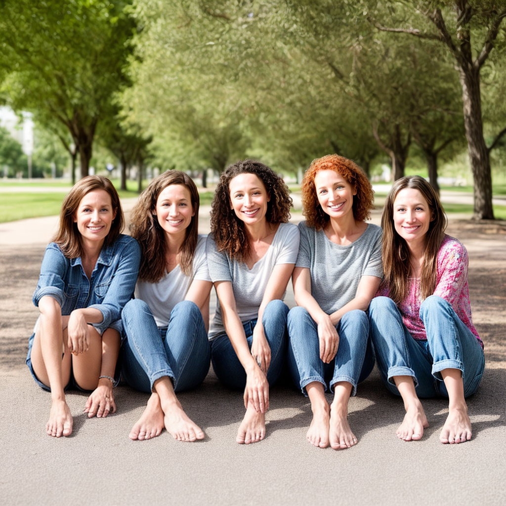three barefoot women in their thirties and forties sitting outside on ...