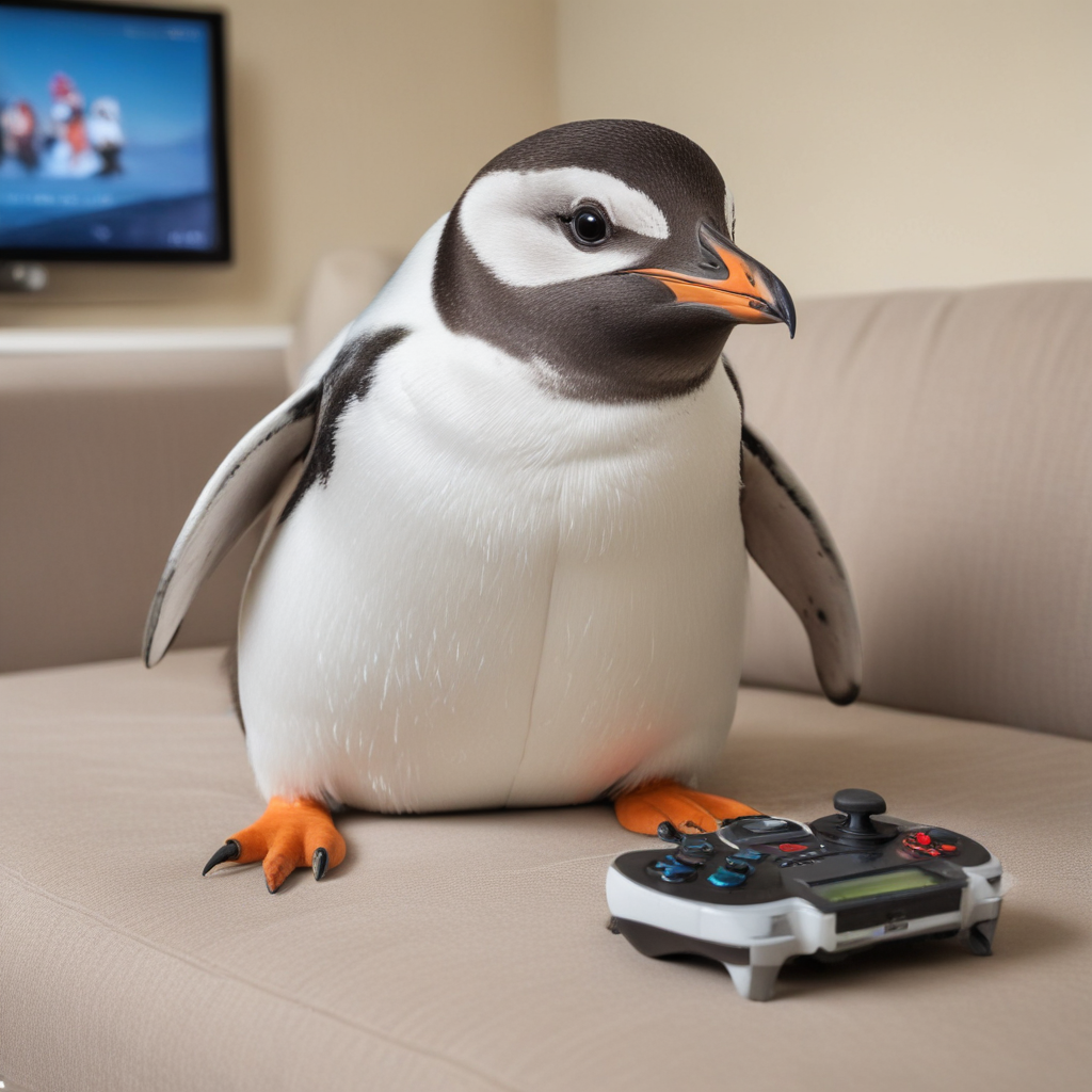 a penguin sitting on couch holding a generic wireless controller ...