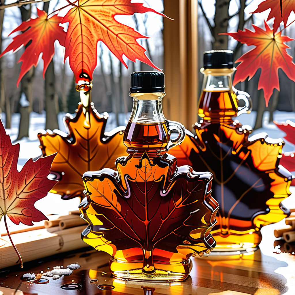 Autumn's Sweet Delight: Maple Syrup Bottles Surrounded by Vibrant Leaves
