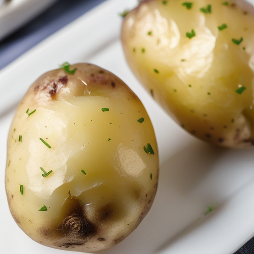Freshly Cooked Potatoes Garnished with Chopped Chives on a White Plate.