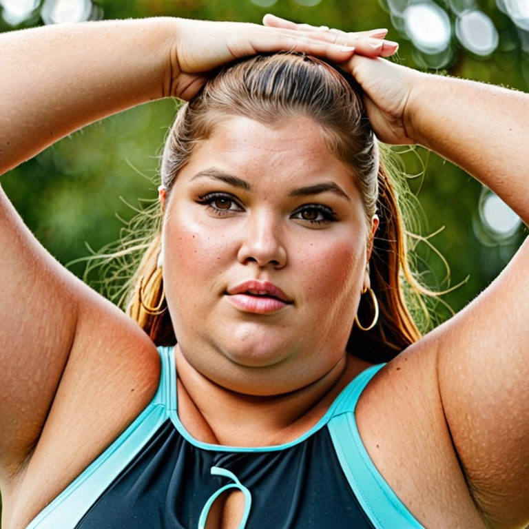 Fat women, tan, hands behind head, dark armpit, stubble armpit