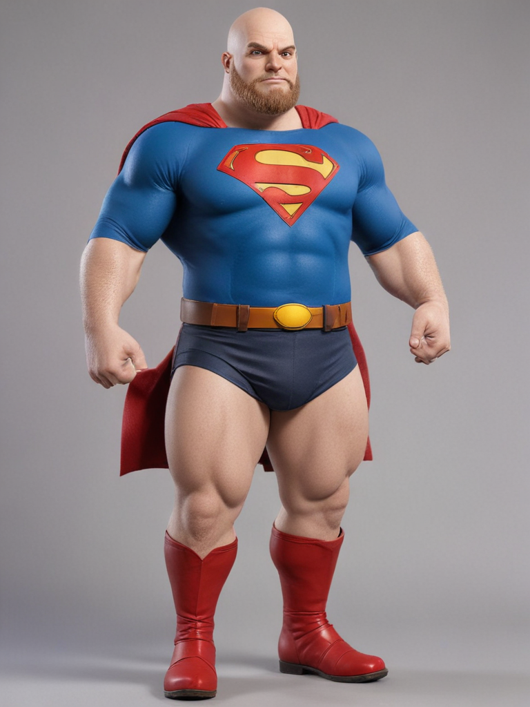 Realistic, short dwarf chubby bald guy, realistic superman costume, red ...
