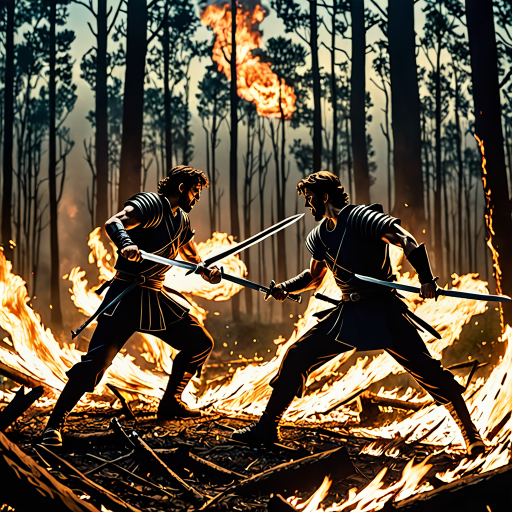 Two men fighting with swords in the middle of forest on fire at night ...