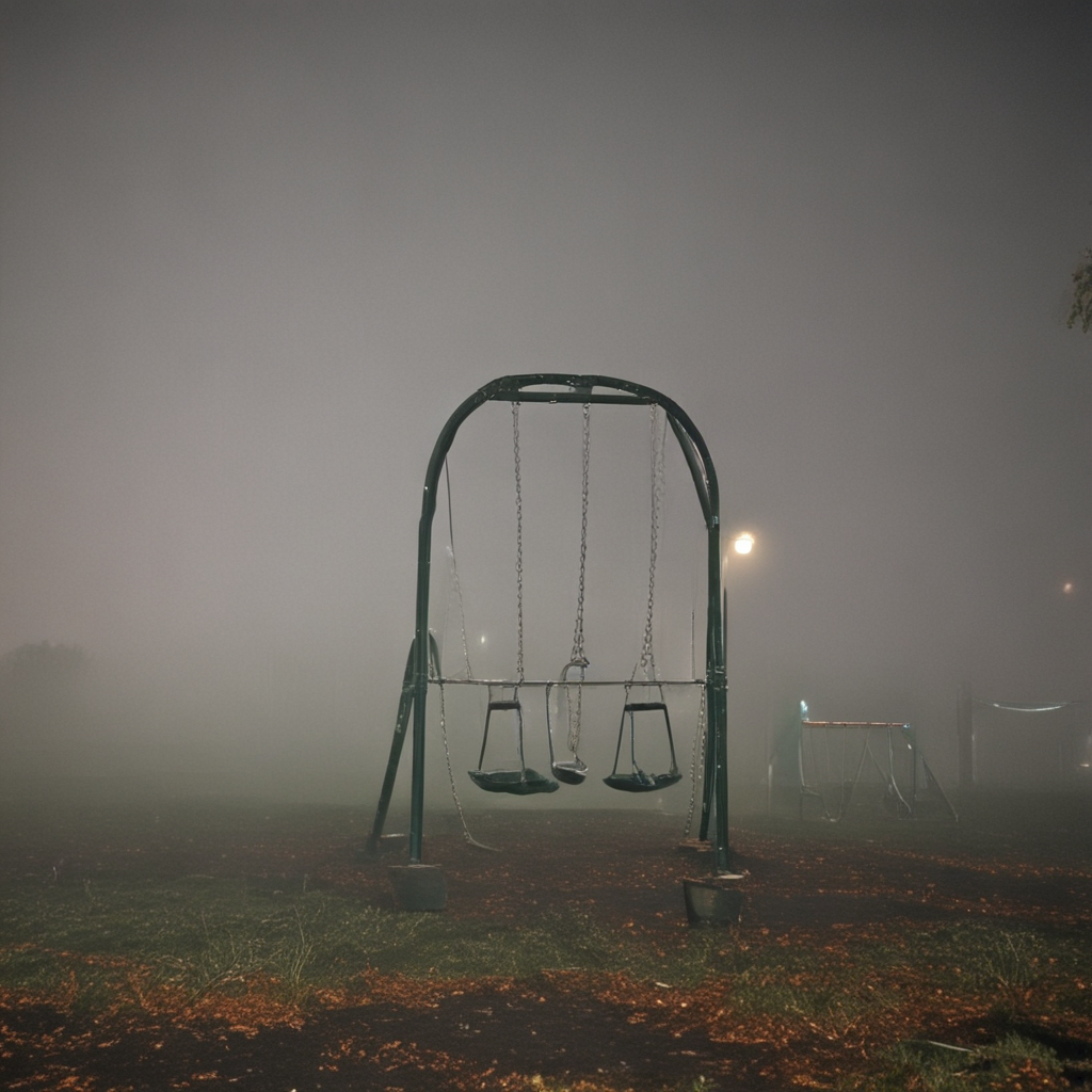 a foggy playground at midnight
