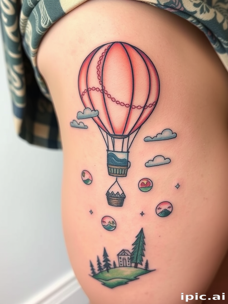 A Colorful Tattoo of a Hot Air Balloon with Scenic Elements and Nature.