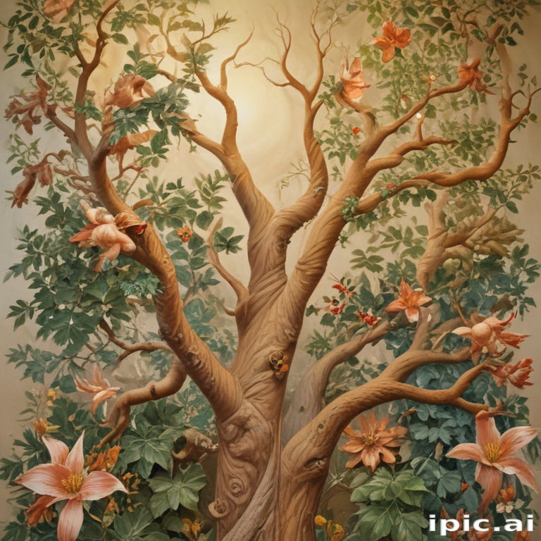 An Enchanted Tree with Vibrant Flowers and Lush Green Foliage