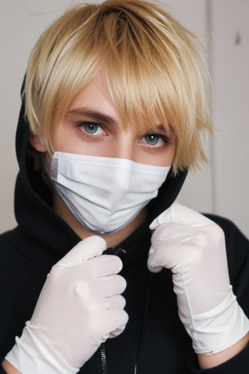 slim cute emo twink with blonde hair and hoodei and mask nitrile gloves