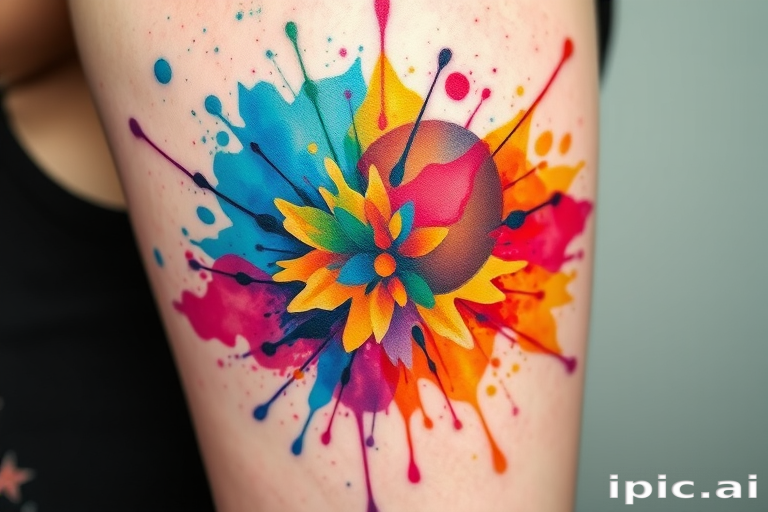 Vibrant Floral Tattoo Design with Colorful Splashes and Creative Elements