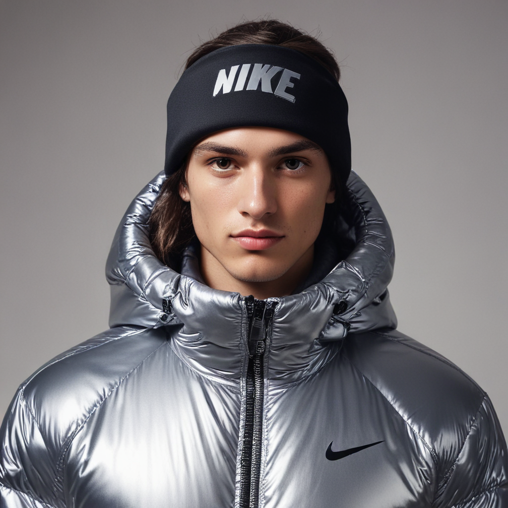 Male supermodel nike shiny puffer jacket bling jewellery hood headband