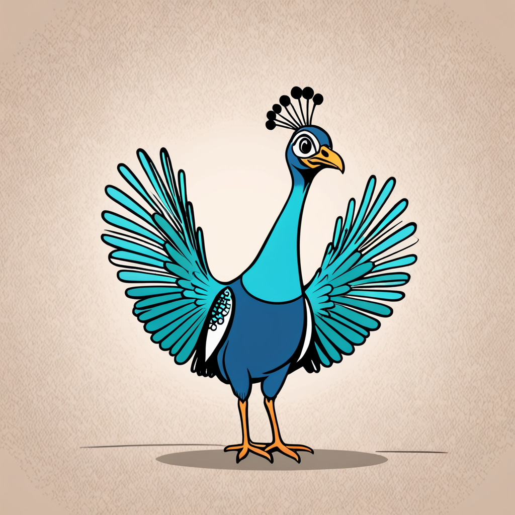 simple line drawing of cartoon Pixar style happy, excited peafowl's ...