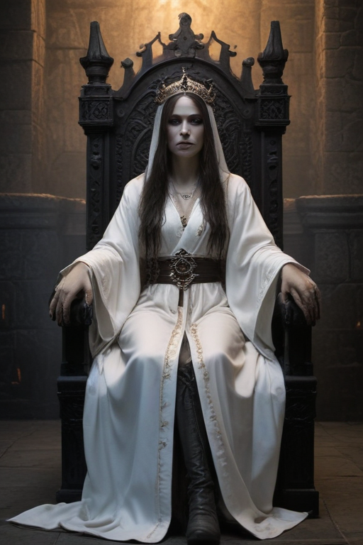 old priestess undead long robe on throne in dungeon