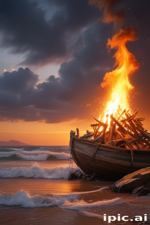 An Enchanted Sunset Scene Featuring a Boat on Fire by the Shore
