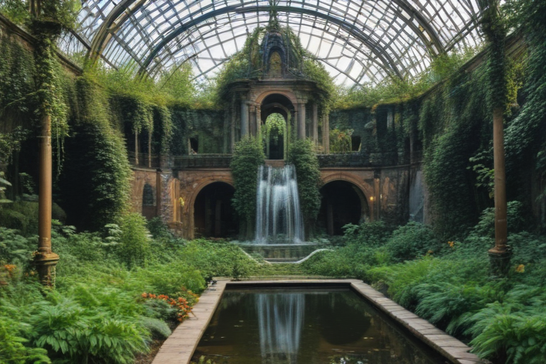 Etching of an enormous cascade in a ruinously palace garden, in the ...
