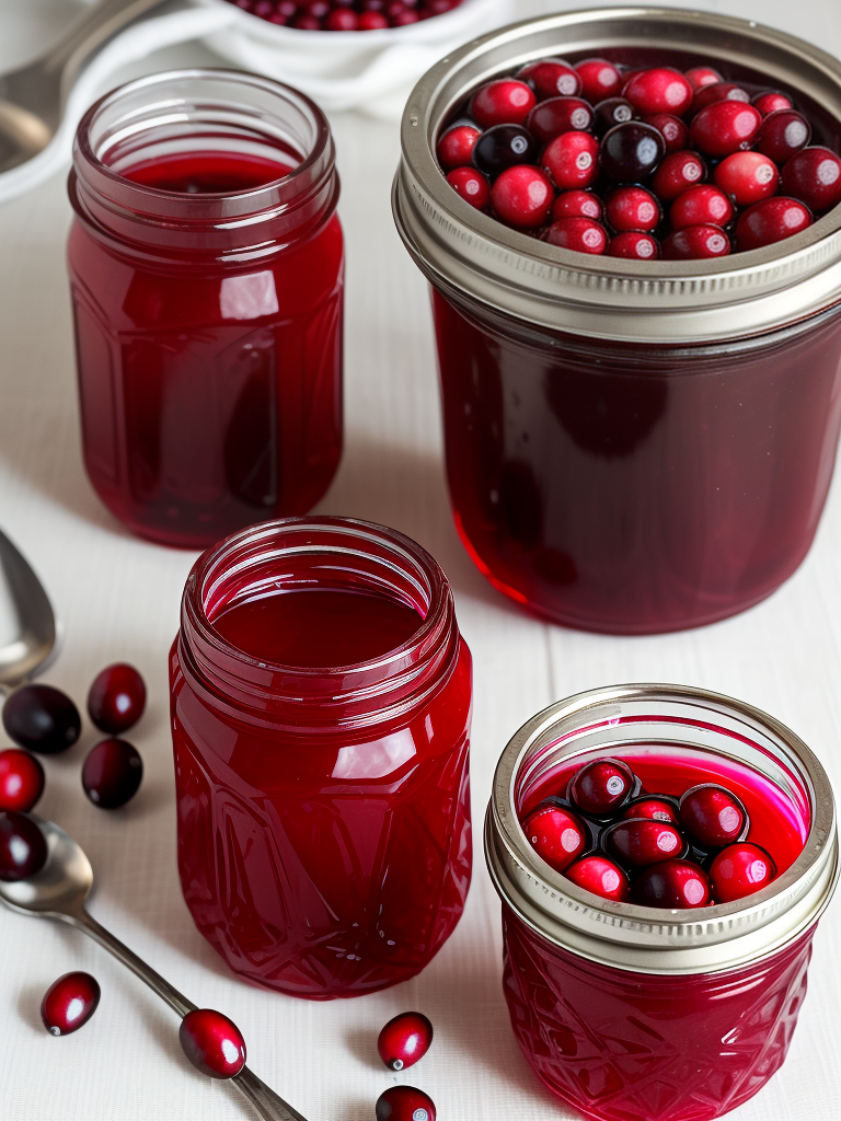 Colorful Homemade Cranberry Jelly Preserves in Jars with Fresh Berries