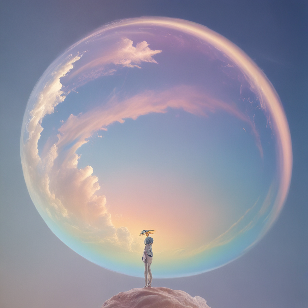 Dreamlike Scene of a Figure Standing Within a Colorful Floating Bubble