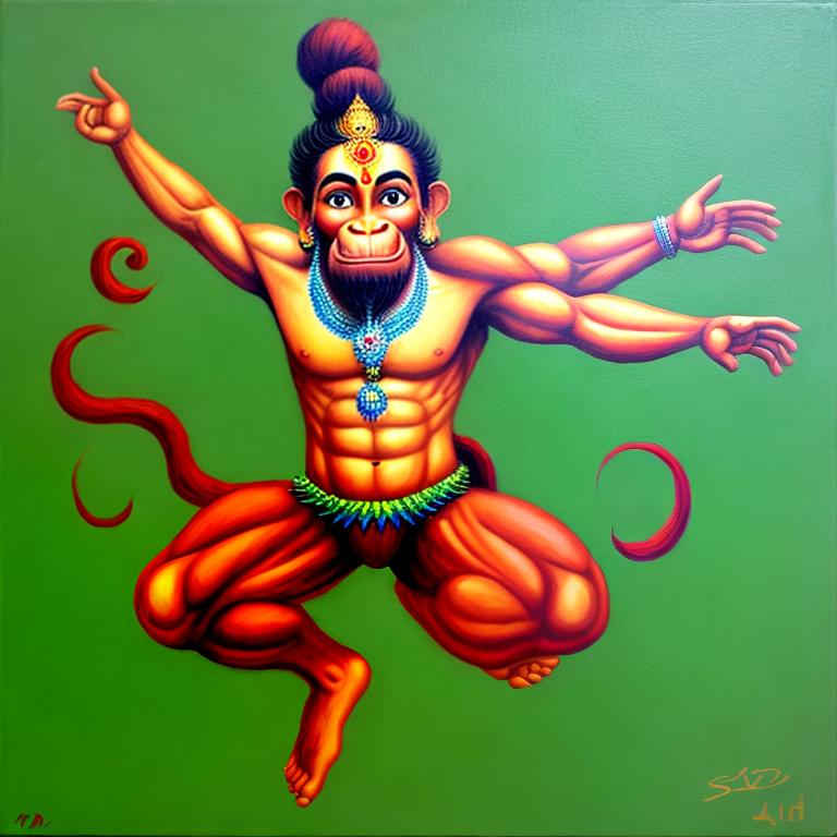 lord hanuman flying in the air ultra hd painting