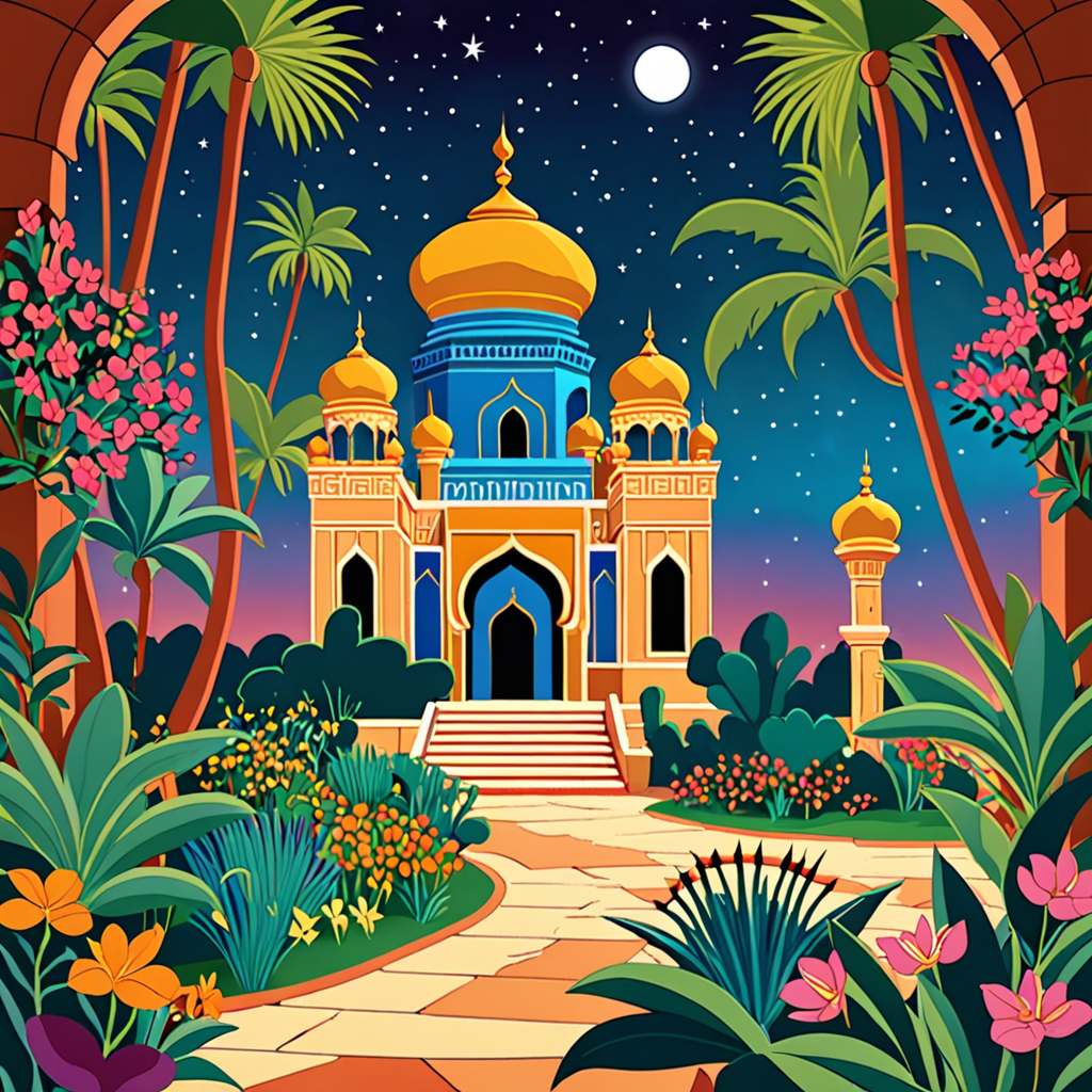 Garden of the Sultan of Agrabah from the cartoon Aladdin. Night. Flat ...