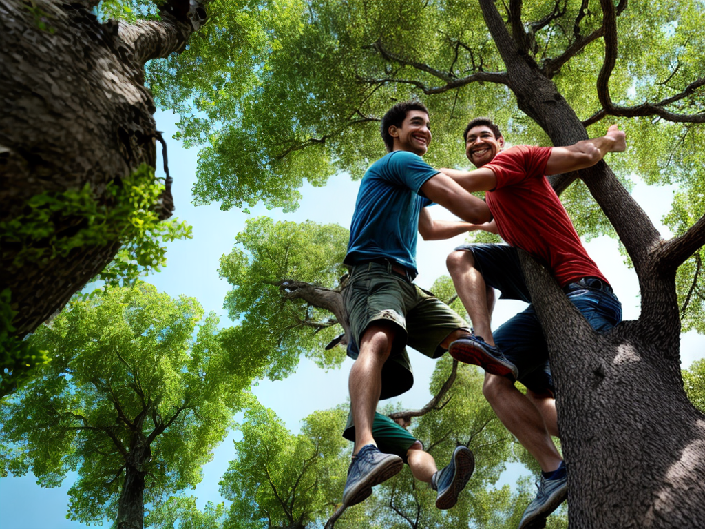 Two guys helping each other to climb a tree